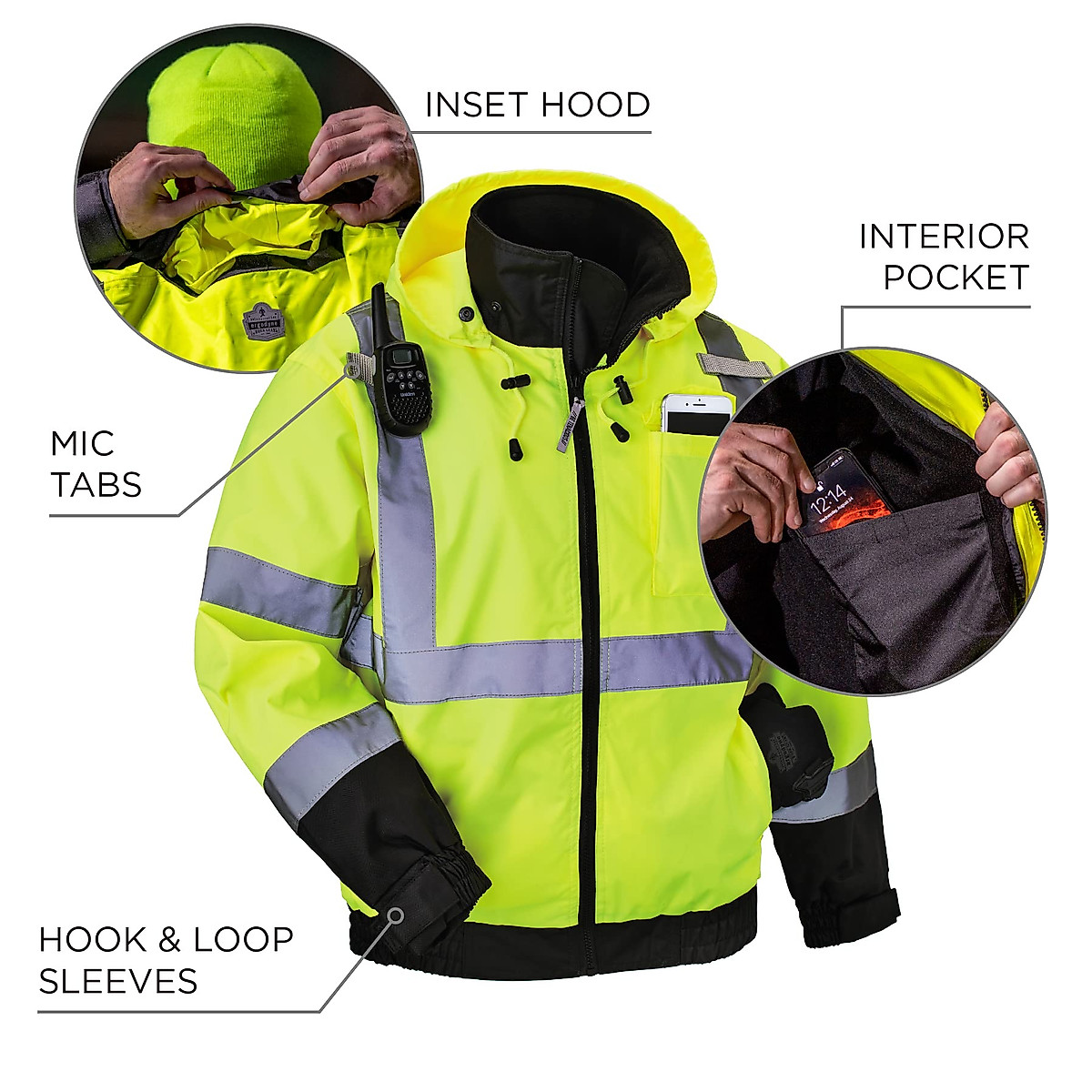 High Visibility Reflective Winter Bomber Jacket, Zip Out Fleece Liner, ANSI Compliant, Ergodyne GloWear 8379, Lime, Large