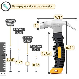 Mr. Pen- Nail Assortment Kit and 8oz Small Hammer, 600 Pcs Small Nails, Wall Nails for Hanging, Hammer and Nails Set, Small Hammer for Picture Hanging, Picture Hanging Kit, Picture Hanging Nails