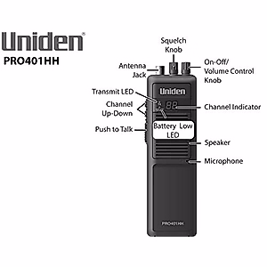 Uniden PRO401HH Professional Series 40 Channel Handheld CB Radio, 4 Watts Power with Hi/Low Power Switch, Auto noise cancellation, Belt Clip And Strap Included, 2.75in. x 4.33in. x 8.66in.