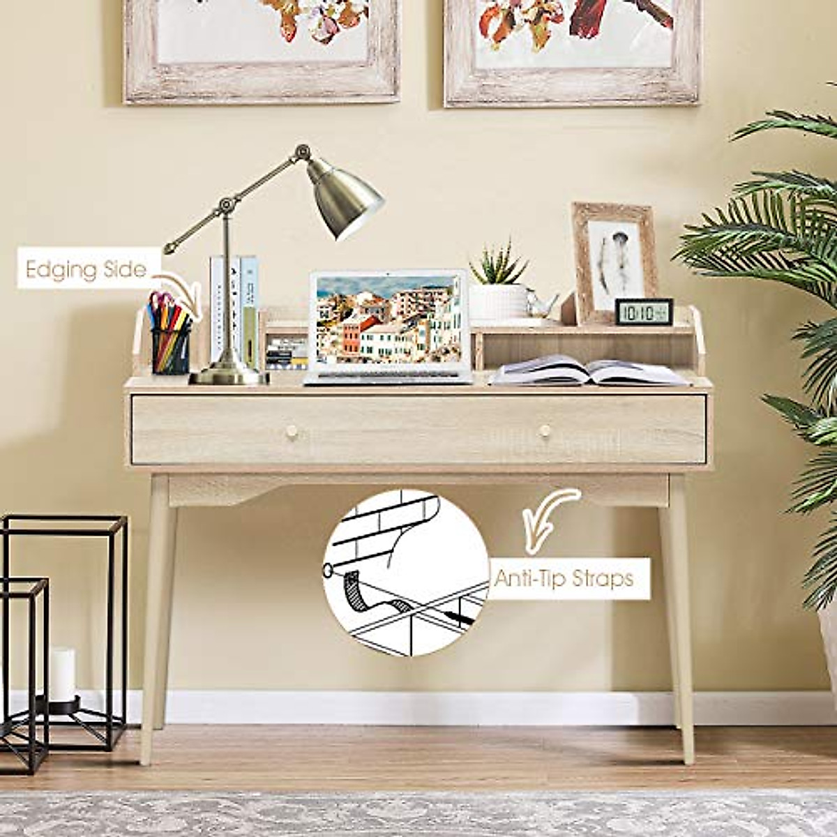 Tangkula Mid Century Desk with Storage Drawer, Writing Study Computer Desk with Hutch, Wooden Study Table PC Workstation, Home Office Desk Kid’s Desk for Bedroom (Natural)