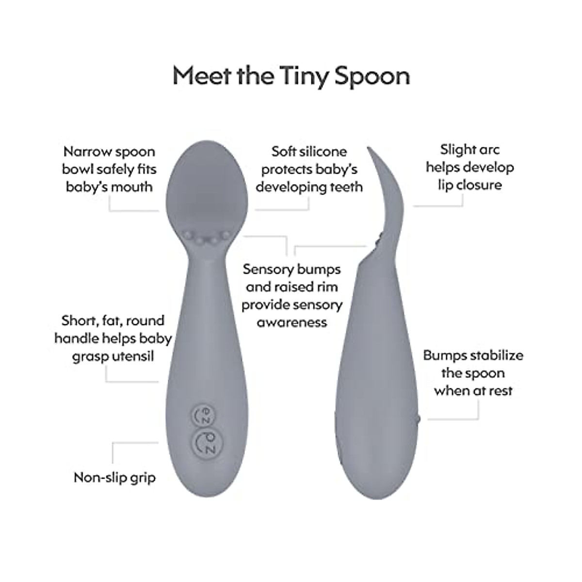 ezpz Tiny Spoon (2 Pack in Gray) - 100% Silicone Spoons for Baby Led Weaning + Purees - Designed by a Pediatric Feeding Specialist - 6 months+