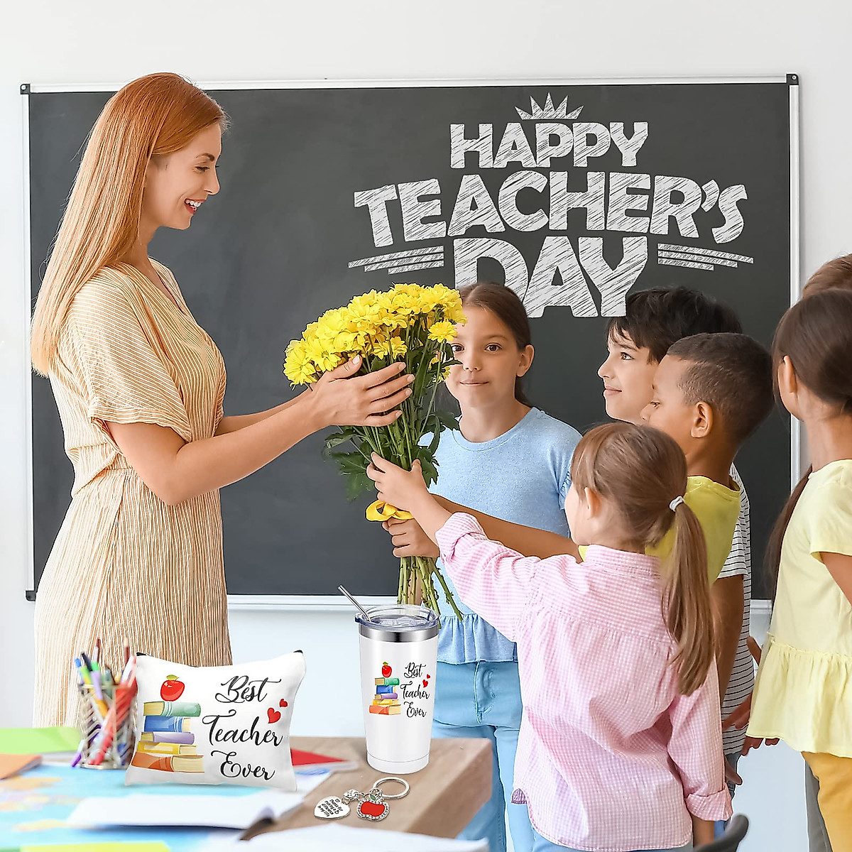 Sabary 12 Pieces Funny Thank You Gifts, 4 Teacher Travel Tumbler, 4 Teacher Makeup Bag with Zippers, 4 Teacher Apple Keychains, 20 oz Mug Tumbler for Birthday Teacher Appreciation Week