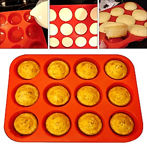 Silicone Muffin Pan 12 Cups, Amison Cupcake Baking Pan/Tray, Non-Stick Silicone Mold, Dishwasher - Microwave Safe (12 Cups, Red)
