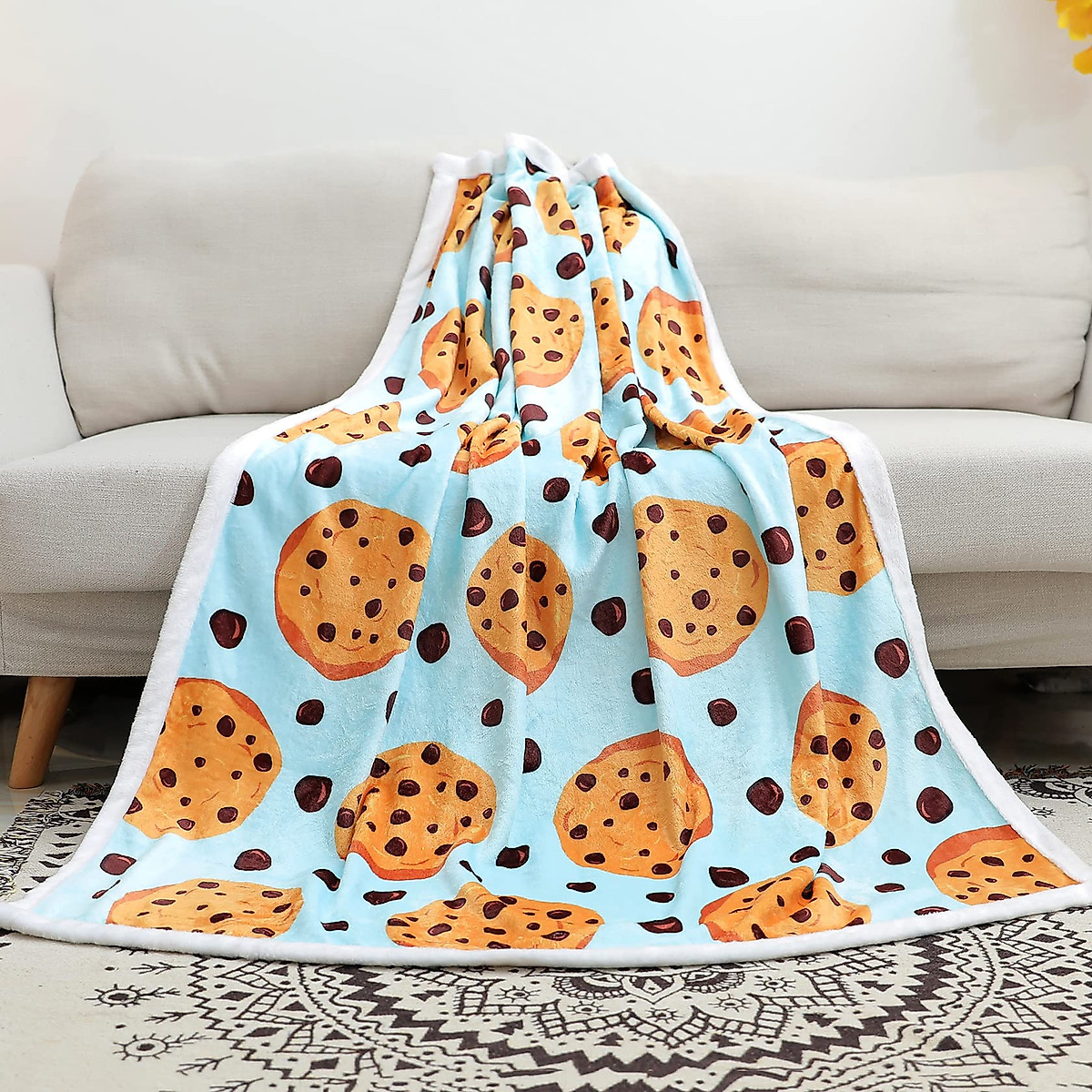 Jurllyshe Cute Cartoon Food Theme Throw Blanket Chocolate Cookies Pattern Fleece Blanket for Boys and Girls Funny Gifts for Kids and Adults (Cookies, 50"x60")