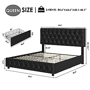Keyluv Modern Upholstered Bed Frame with 4 Drawers, Faux Leather Platform Bed with Button Tufted Headboard, Solid Wooden Slat Support, Easy Assembly, Queen Size, Black