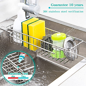 YQh Kitchen Sponge Holder, Sink Caddy，Sink Storage Rack Holder Adjustable，Over Sink Expandable(11.8''-18.9'') Brush Soap Storage Rack，Rust Proof Water Proof, No Drilling- Stainless Steel