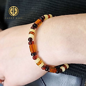 AMBER ALEX Multi-Color Amber Round, Barrel & Tablet Beads Stretch Bracelet. Genuine Baltic Amber.