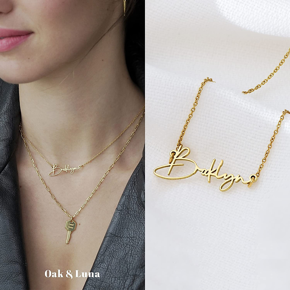 Oak&Luna - Belle Personalized Name Necklace - Signature Style Custom Necklace - in Sterling Silver or Gold Plating - Jewelry Gift for Women Wife Her - Mother's Day, Birthday (18k Gold Plating)