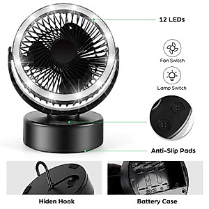 Odoland Portable Camping Fan with LED Lantern, Battery Operated Tent Fan Light Lamp with Hanging Hook for Camping, Hiking, Hurricane, Outages, Emergency Gear