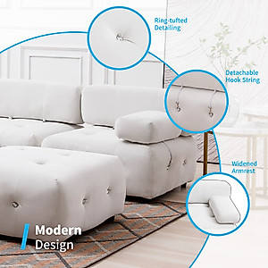 Mjkone Modular Sectional Sofa with Reversible Chaise, Velvet L Shaped Cloud Couch with Reversible Ottoman, 4 Seater Couch Button Tufted Designed Cloud Sofa, DIY Combination Sofa for Living Room,Beige
