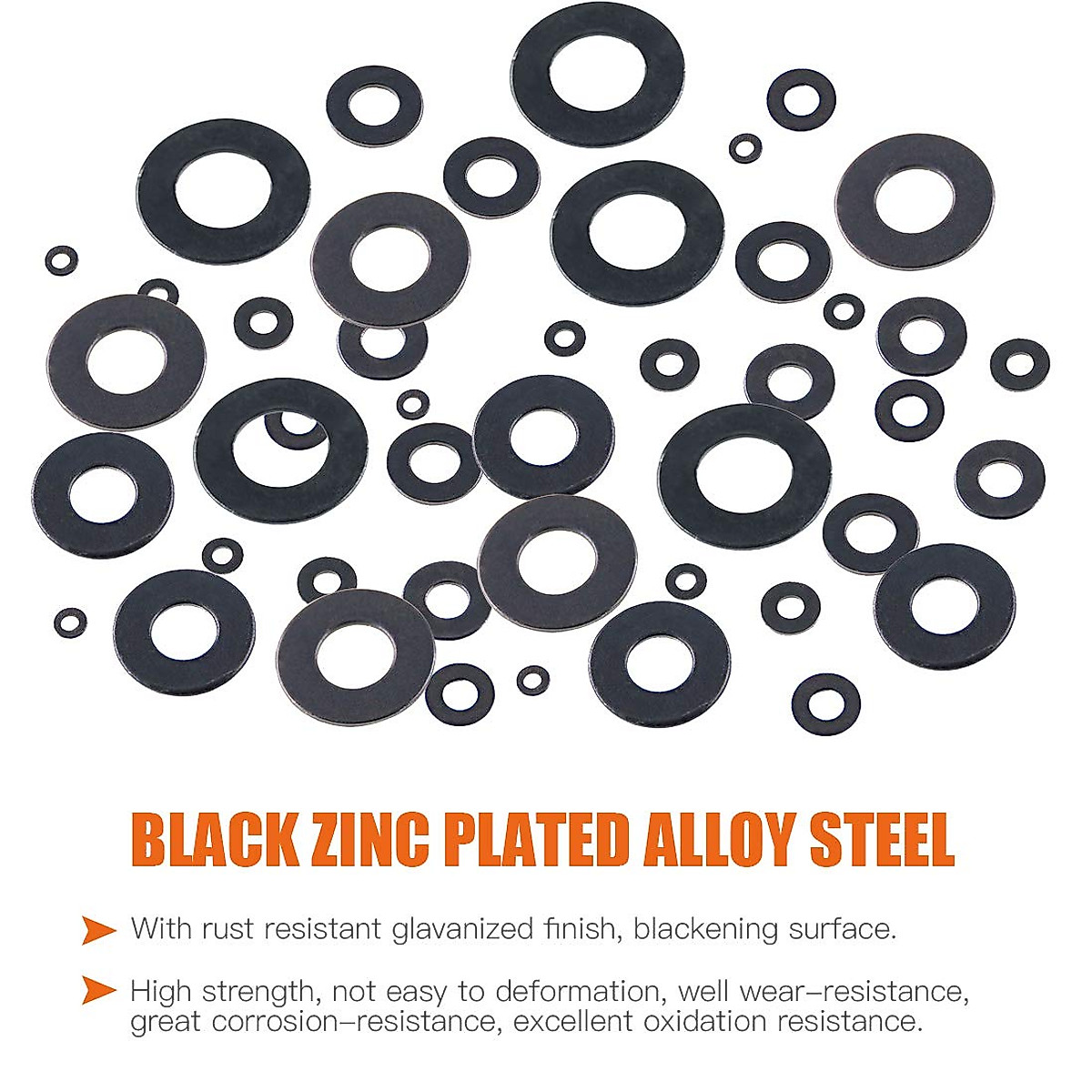 Rustark 550-Pcs [9 Sizes] Black Zinc Plated Alloy Steel Flat Washers Set Hardware Assortment Kit - M2 M2.5 M3 M4 M5 M6 M8 M10 M12