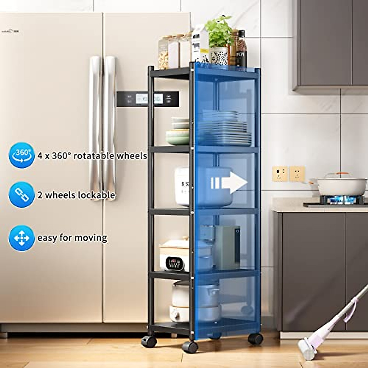 PXRACK 5 Tie Storage Shelves, Metal Heavy Duty Shelf for Storage with Wheels Adjustable Shelving Storage for Garage Bathroom Kitchen, Narrow Storage Racks Organizer Corner Shelf 12.2”*16.73”*59.45”