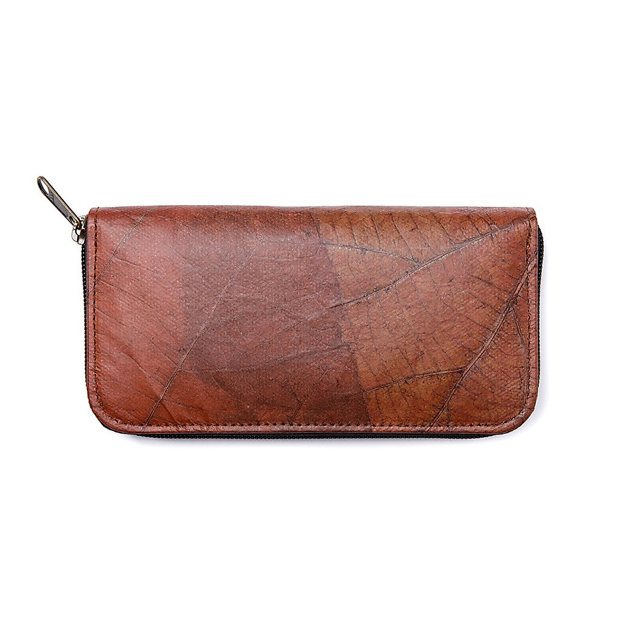 Tree Tribe Handmade Leaf Leather Women's Zip Wallet - Cards + Cash + Coin Purse - Brown