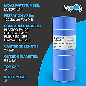 MOAJ Premium Pool Filter Replaces Hayward C1200, CX1200RE, PA120, PA120-M, Filbur FC-1293, C-8412, Clearwater II ProClean 125, PCCF-125, 817-0125 | 23 1/4" x 8 15/16" | 120 SQ FT | Asepsis-Infused