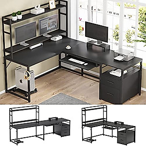 SEDETA L Shaped Desk with Hutch, Home Office Desk with File Drawers, 94.4 Inches Two Person Desk, Corner Computer Desk with Keyboard Tray, Monitor Stand, Storage Shelves, Gaming Desk, Black
