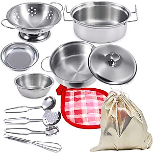 Tiny Size Cooking Pretend Play Kitchen Cooking Toys with Stainless Steel Cookware Play Pots and Pans Set，Cooking Utensils Cookware Kitchen Play Accessories Toys Cooking Pots for Toddlers Kids(Mini)