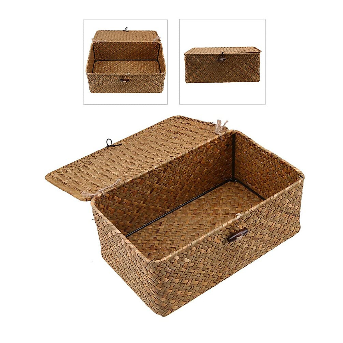 Storage Baskets for Shelves Seagrass Storage Bins with Lid Rectangular Woven Wicker Basket Rattan Storage Container Organizer for Home Shelf Size L Wicker Baskets