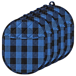 GROBRO7 5Pcs Pot Holder with Pockets Cotton Black and Blue Plaid Oval Potholder Machine Washable Oven Mitt Heat Resistant Hot Pad Multipurpose Potholders for Kitchen Baking Cooking Grilling 10 x 8 in