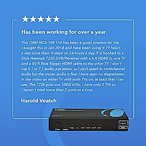 4K 1x4 HDMI Splitter 1 in 4 Out by OREI - Ultra HD @ 30 Hz 1x4 Ver. 1.4 HDCP, Power HDMI Supports 3D Full HD 1080P for Xbox, PS4 PS3 Fire Stick Blu Ray Apple TV HDTV - Adapter Included