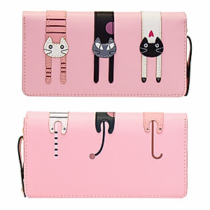 Valentoria® Birthday Gifts for Women's Mini Faux Leather Bifold 3 Cat Design Clutch Wallet(Long Pink)
