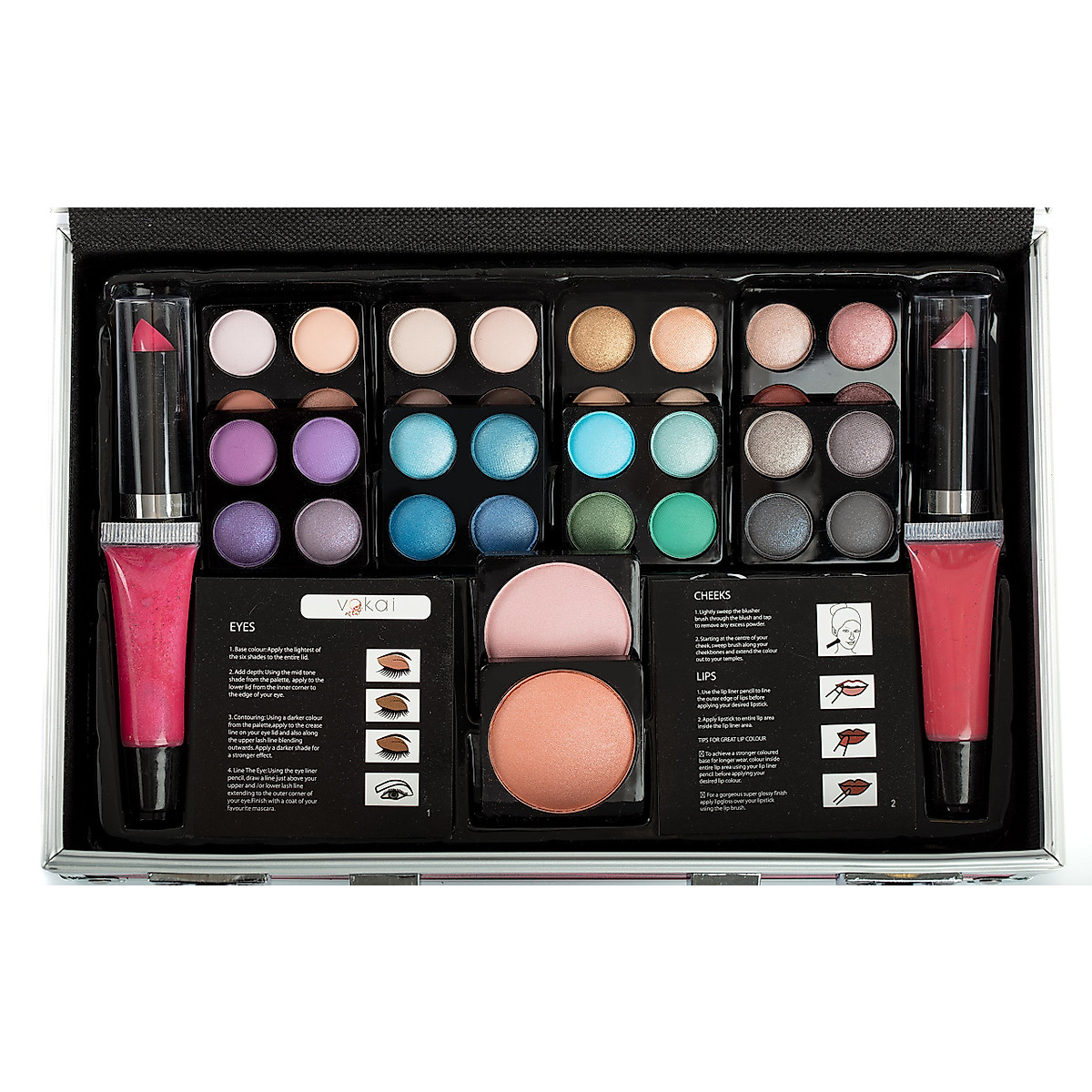 Vokai Makeup Kit Gift Set - 51 Piece - 32 Eye Shadows, 2 Blushes, 2 Lip Glosses, 2 Lipsticks, 2 Eye Liner Pencils, 1 Lip Liner Pencil, 1 Mascara - Case with Carrying Handle