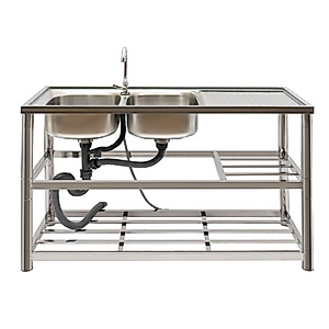 Stainless Steel Commercial Kitchen Sink Utility Sink 47 Inch Width with Prep Table 360 ° Rotatable Faucet 2 Compartment Storage Shelves