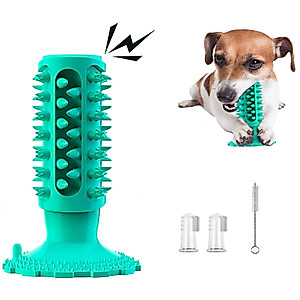 Erichome Dog Toothbrush Chew Toy - Puppy Dog Teeth Cleaning Stick - Natural Rubber Dental Toothbrush Toys for Dog,2PC with Finger Toothbrush (Squeak)