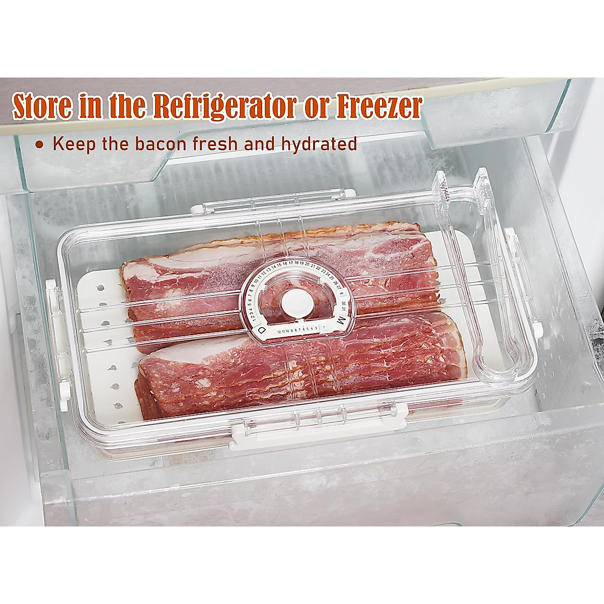 Bacon Storage Container with Air-sealed Tight Lid for Fridge Bacon Holder Deli Meat Cheese Keeper with Food Serving Tongs and Drain Plate for Refrigerator