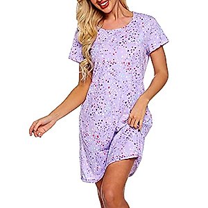 ENJOYNIGHT Sleepwear Women's Nightgown Printed Sleep Shirt Short Sleeve Sleep Tee Cotton Nightshirt (Purple,1X-2X)