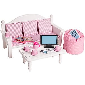 Playtime by Eimmie 18 Inch Doll Furniture - Doll Couch & Coffee Table with Living Room Accessories - Fits American, Generation, My Life & Similar 14"-18" Girl Dolls - White Wood Playset