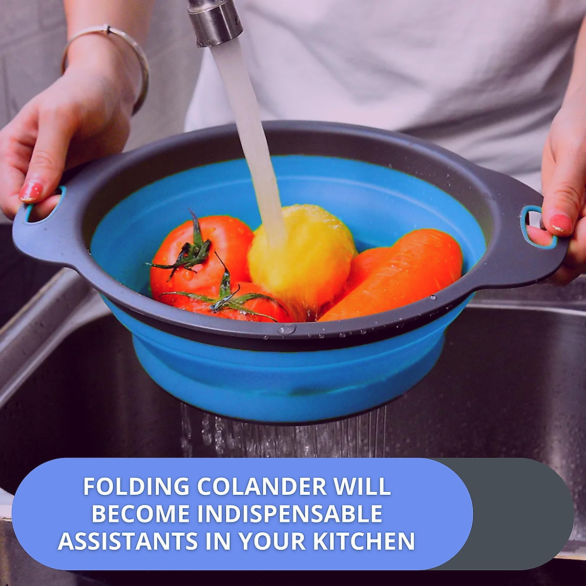 Round Silicone Blue Colander Collapsible – Foldable Kitchen Strainer Small Collapsible Colander Blue with Plastic Handles for Draining Vegetable and Fruit Round Silicone Kitchen Strainer for Pasta