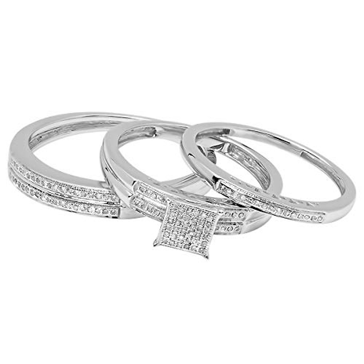 Dazzlingrock Collection 0.20 Carat (Cttw) Round Diamond Men's & Women's Engagement Ring Trio Ring Set 1/5 CT, Sterling Silver