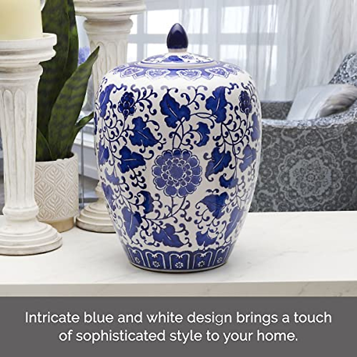 Mikasa 8x8x12 Inch Blue and White Floral Ceramic Canister with Lid