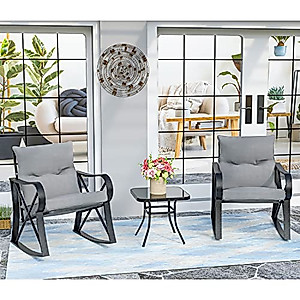 HOMPUS 3-Piece Outdoor Rocking Chairs Bistro Set Wicker Patio Furniture Set Metal Frame Patio Rockes Set w Gray Cushions, Front Porch Rocking Chairs with Glass Coffee Table for Balcony,Garden