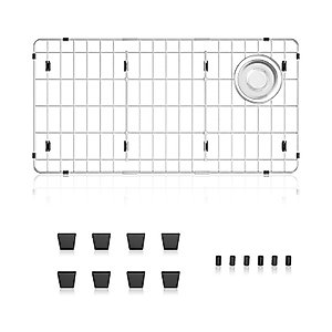 DPZM 28-1/4" x 14-1/4" x 1-1/4" Stainless Steel Sink Rack for Bottom of Sink, Metal Sink Protectors For Kitchen Sink, Sink Grid, Sink Bottom Grid with Side Drain, Kitchen Sink Grid with Sink Strainer