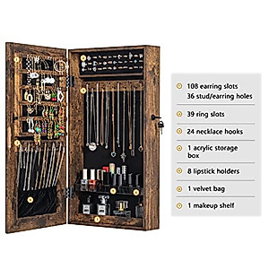 Lavievert Lockable Jewelry Cabinet Armoire with Frameless Mirror, Wall/Door Mounted Space Saving Jewelry Display Organizer with Lipstick Compartments - Rustic Brown