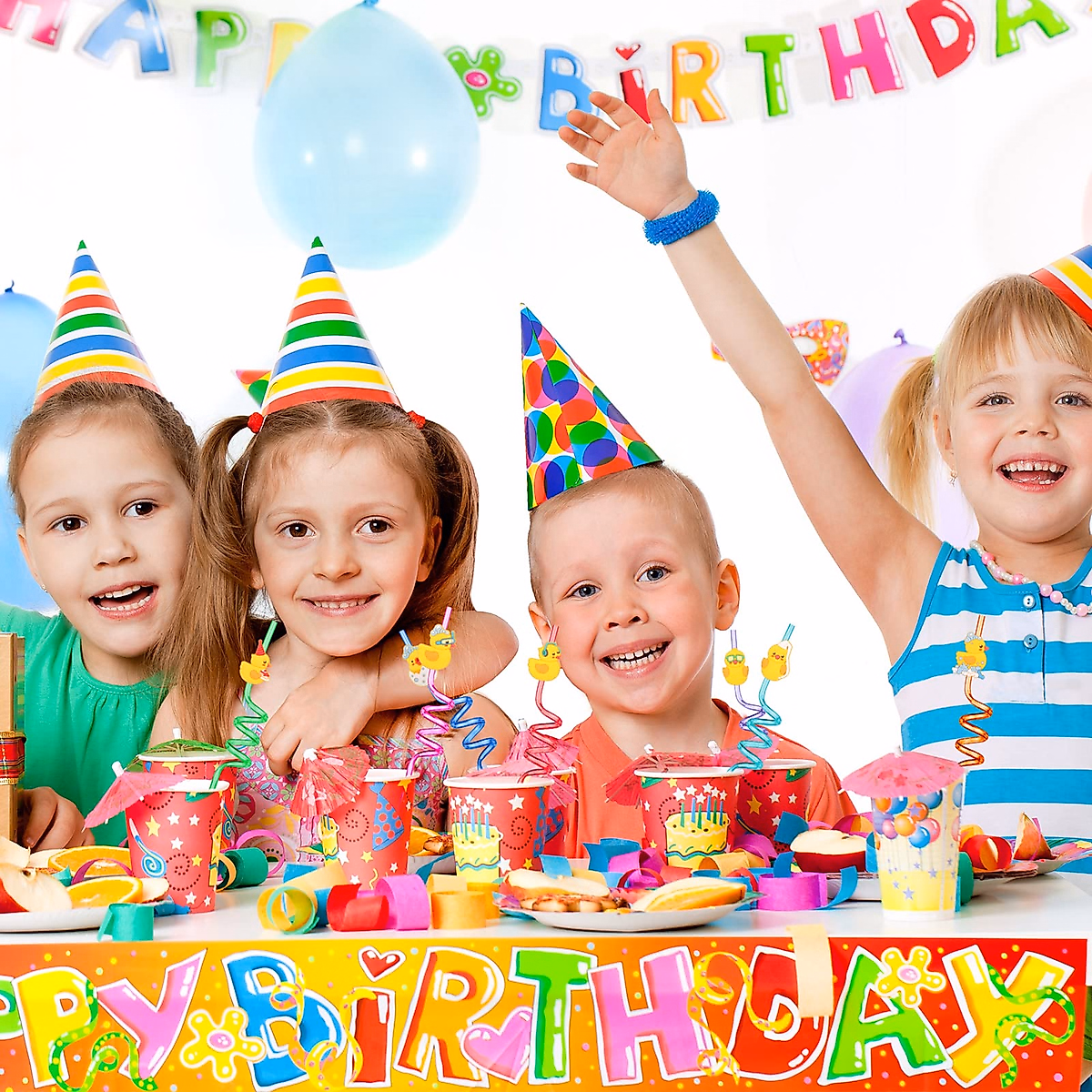 24 Pcs Duck Straws Duck Birthday Party Favors Duck Drinking Straws with 2 Pcs Cleaning Brushes Yellow Duck Theme Reusable Plastic Silly Straws for Kids Birthday Party Supplies, 8 Designs