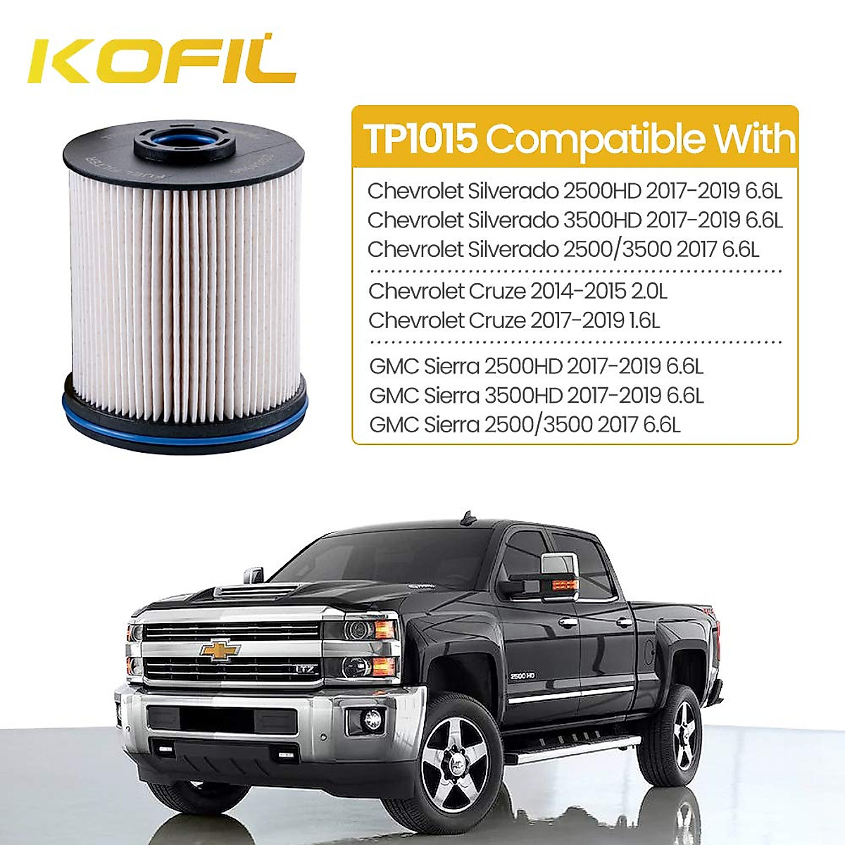 TP1015 Fuel Filter Fit for 6.6L Duramax Diesel Fuel Filter Compatible with 2017-2021 Chevrolet Silverado/GMC Sierra 2500HD 3500HD 2014-2018 Chevrolet Cruze Replace# 23304096, 22937279, 23456595