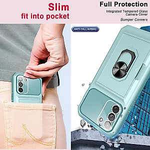 WATEFULL for Samsung Galaxy S23 Plus Case Wallet Card Holder with Kickstand Ring Holder,[Integrated Camera Cover] Samsung Galaxy S23 Plus Case Cover with Sliding Hidden Slot Shockproof Bumper(Teal)