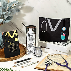 Domensi 6 Pcs Nurse Week Appreciation Gifts for Women Medical Nursing Assistant 20 oz Marble Sign Tumbler Makeup Bag Notepad with Ballpoint Pen for Graduation Nursing Student(Black)