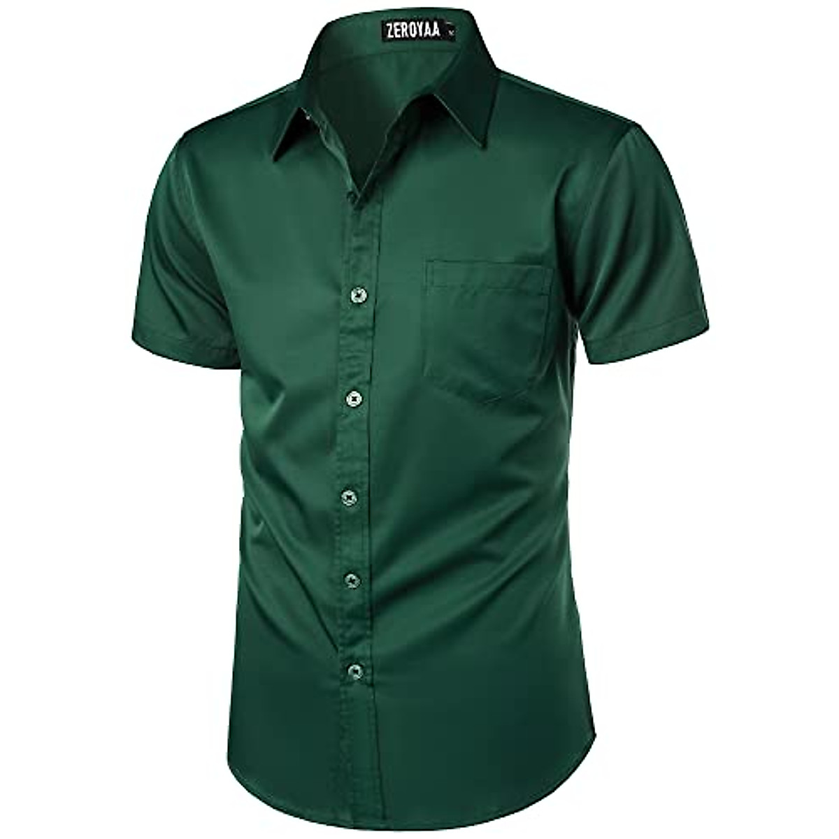 ZEROYAA Men's Casual Urban Stylish Slim Fit Short Sleeve Button Up Dress Shirt with Pocket ZLSC15-Dark Green Large