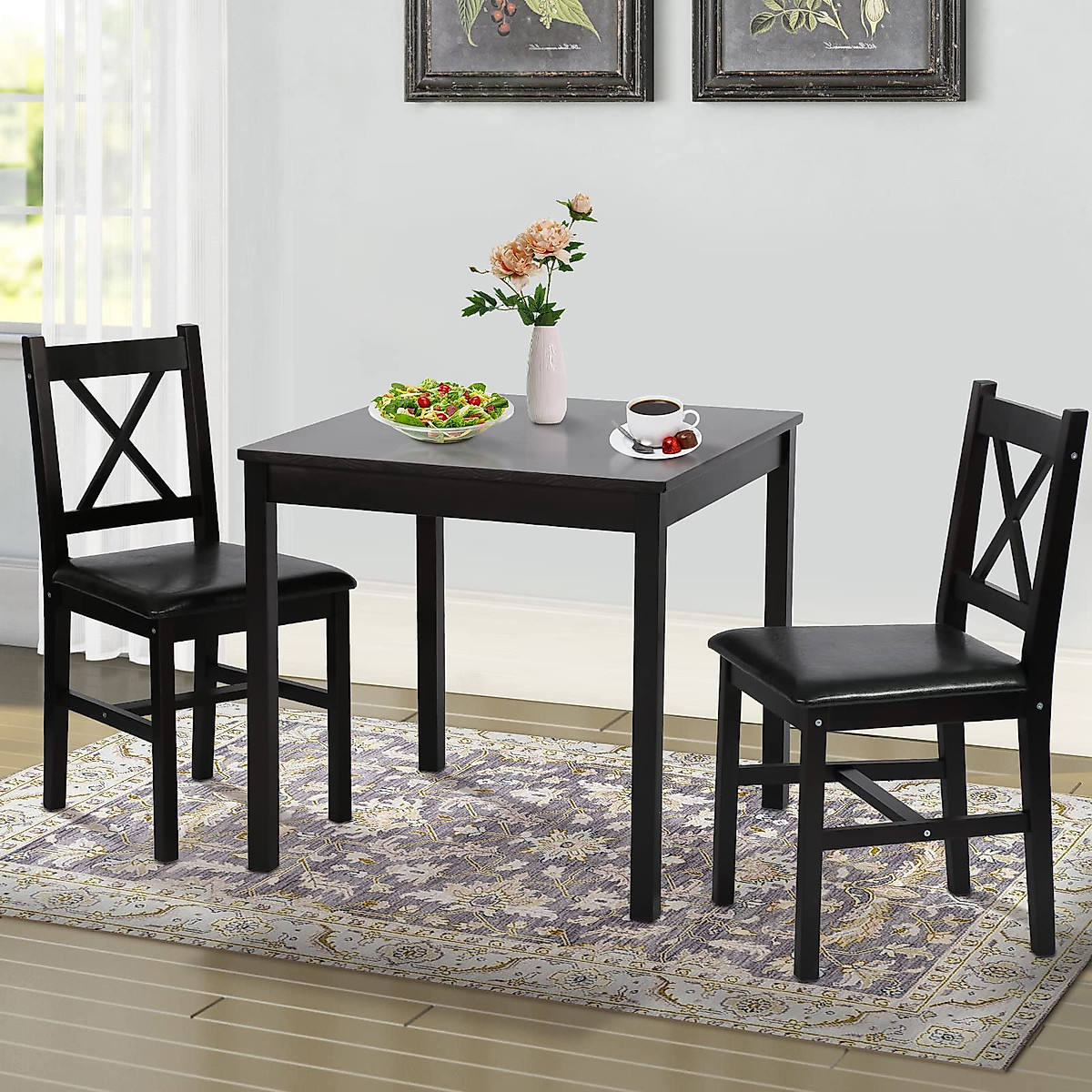 Dkelincs Dining Table Set for Small Space, 3 Peices Wood Kitchen Dinette Table with 2 Chairs, Modern Counter Height Dining Room Table for Kitchen,Dining Room, Restaurant, Dark Brown