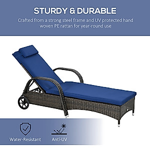 Outsunny Wicker Outdoor Chaise Lounge Set of 2, 5-Level Adjustable Backrest PE Rattan Pool Lounge Chair with Wheels, Cushion & Headrest, Brown and Dark Blue