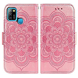 Asuwish Phone Case for Infinix Smart 5/Hot 10 Lite Wallet Cover with Tempered Glass Screen Protector and Leather Flip Credit Card Holder Stand Flower Folio Cell Accessories X657B Women Men Rose Gold
