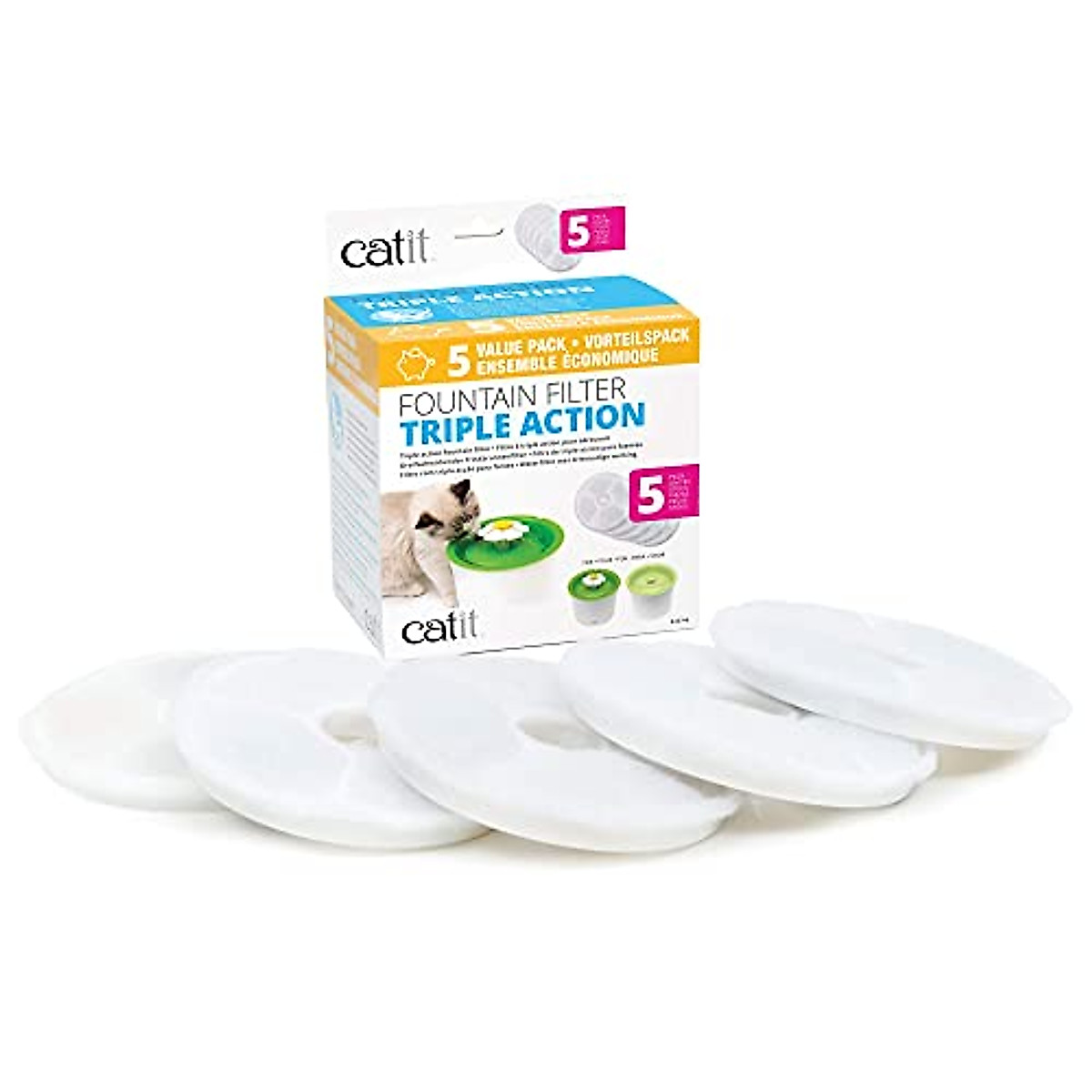 Catit Triple Action Water Fountain Filters, Replacement Cat Drinking Fountain Filters, 5 Pack