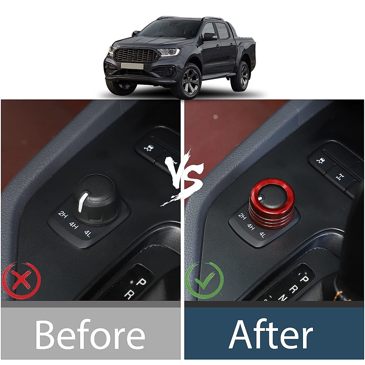 Lcojicep Car Headlight Switch/4WD Knob Ring Ring Cover Trim Compatible with Ford Ranger 2015-2021 Aluminum Alloy Central Control Switch knob Ring Cover Decoration (red)