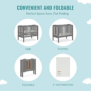 Dream On Me 2-in-1 Portable Folding Stationary Side Crib in Storm Grey, Greenguard Gold Certified, Two Adjustable Mattress Height Positions,Made of Solid Pinewood, Flat Folding Crib