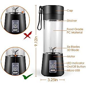 Portable Blender USB Rechargeable - Portable Blender for Shakes & Smoothies - 6 Blades-WENPIC- Fruit & Vegetable Juicer - For Travel Sports Kitchen - Mini Portable Blender (Upgraded Version, Black)