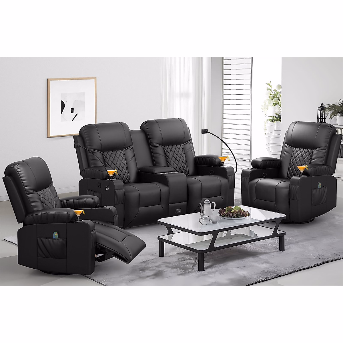 YONISEE Living Room Furniture Set, Loveseat Recliner and 2PC Massage Recliner Chair, Luxury Reclining Sofa 3PC Set for Living Room (2+1+1)