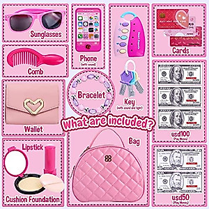 Peertoys Kids Makeup Kit Girls Purse - Cute Pretend Cosmetics Mini Bag Toy Cell Phone Wallet Money Credit Card Accessories Kit Gifts Baby Girl Princess Toddler Ages 3,4,5,6,7,8,9,10,11,12 Years Old